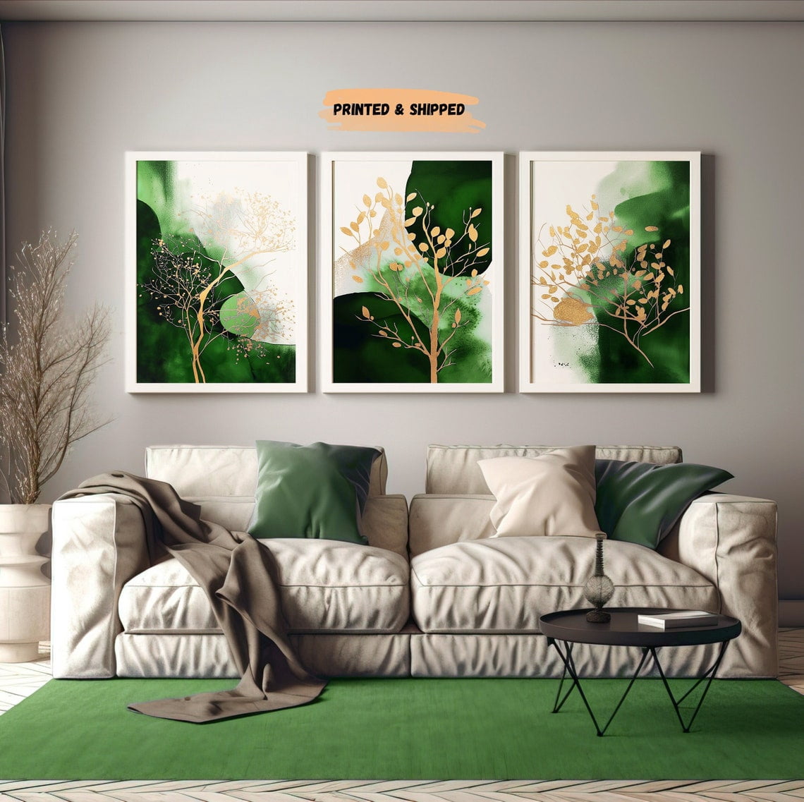 Emerald Gold Botanical Abstract Wall Art Set 3 Stretched Canvas 16x24 ...