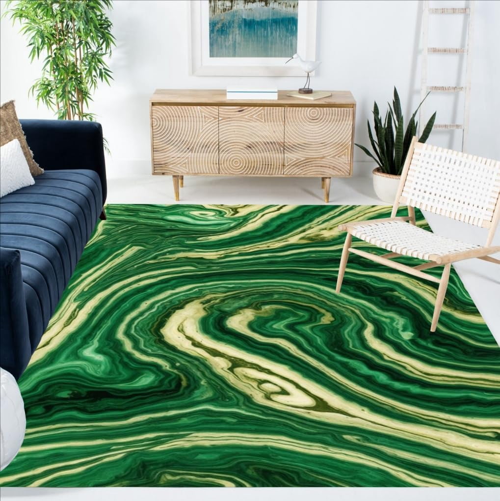 Emerald Greem Marble Swirl Texture Modern Washable Area Rug For Living ...