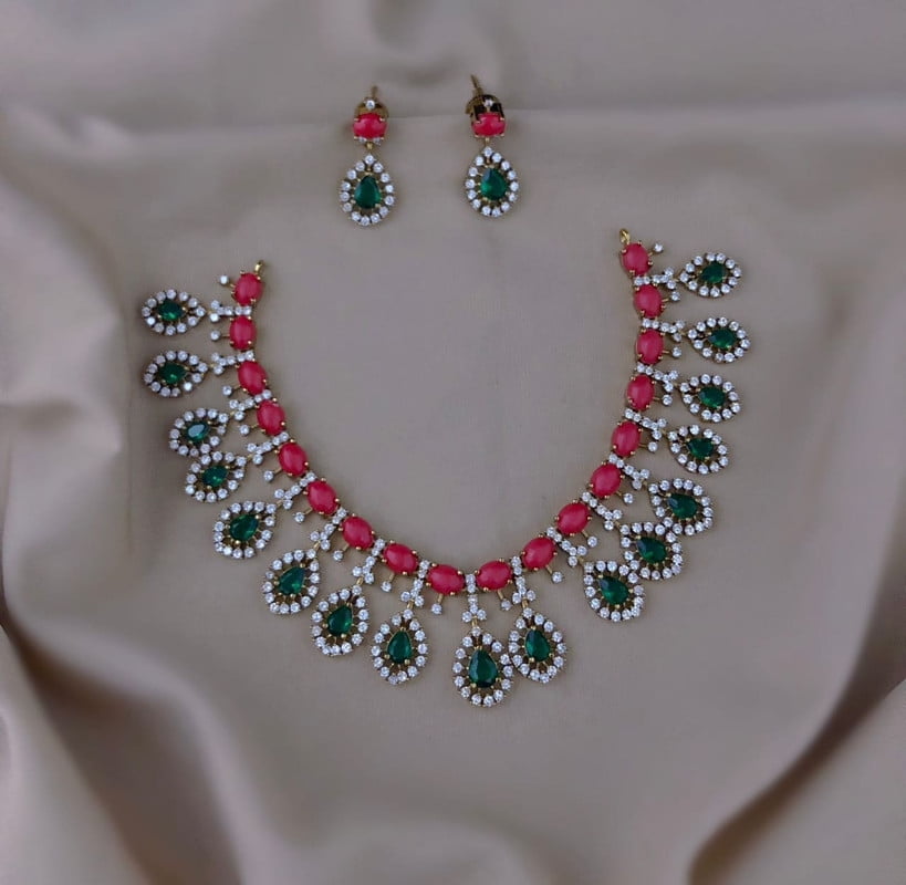 Emerald Green AD Kundan Choker Necklace Set with Ruby CZ Stones ...