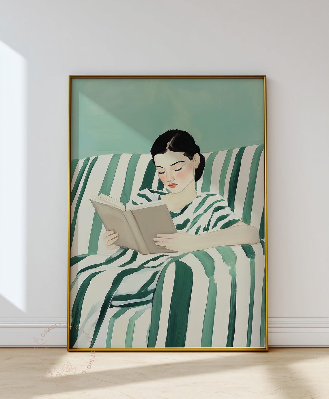 Emerald Green Abstract Woman Reading Print, Book Nook Art Home Decor ...