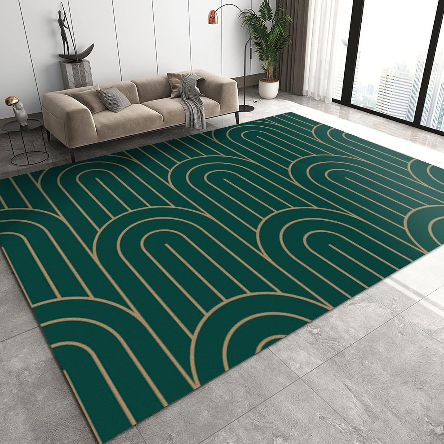Emerald Green Area Rug, Yellow Geometry Arch Stripes Hallway Carpet ...