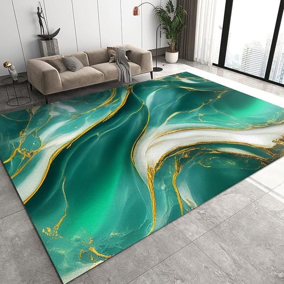 Emerald Green Art Area Rugs, Golden Lines Modern Luxury Abstract Marble ...