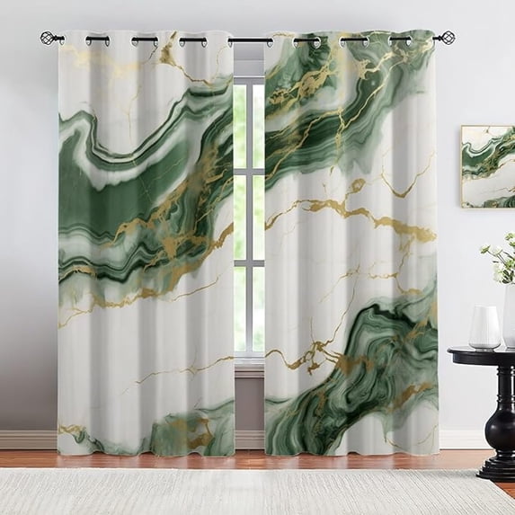 Emerald Green Blackout Curtains For Bedroom, White Gold Marble Curtains ...