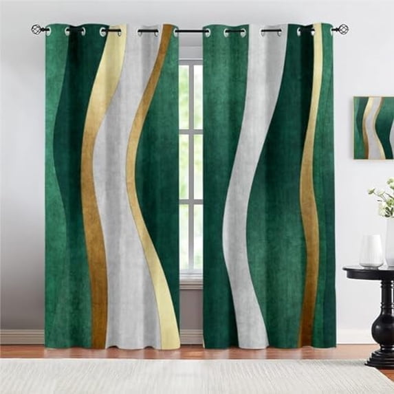 Emerald Green Blackout Curtains, Luxury Color Gradient Gold Wave Window ...