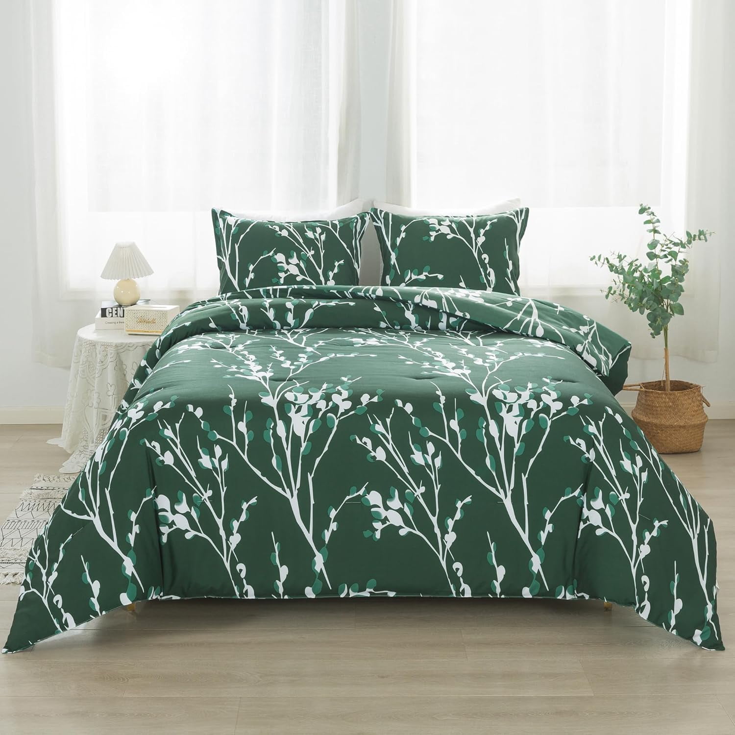 Emerald Green Branches Duvet set Queen Size (79x90 inch) - Reversible Flower Plum Blossom Bed ...