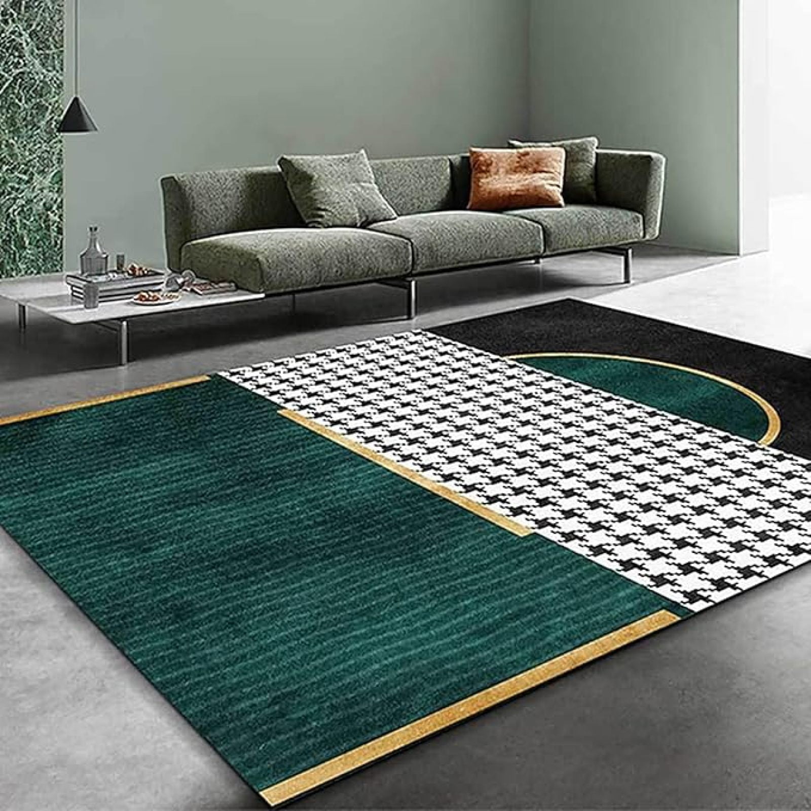 Emerald Green Check Rug Area Rug, Light Luxury Geometric Black White ...