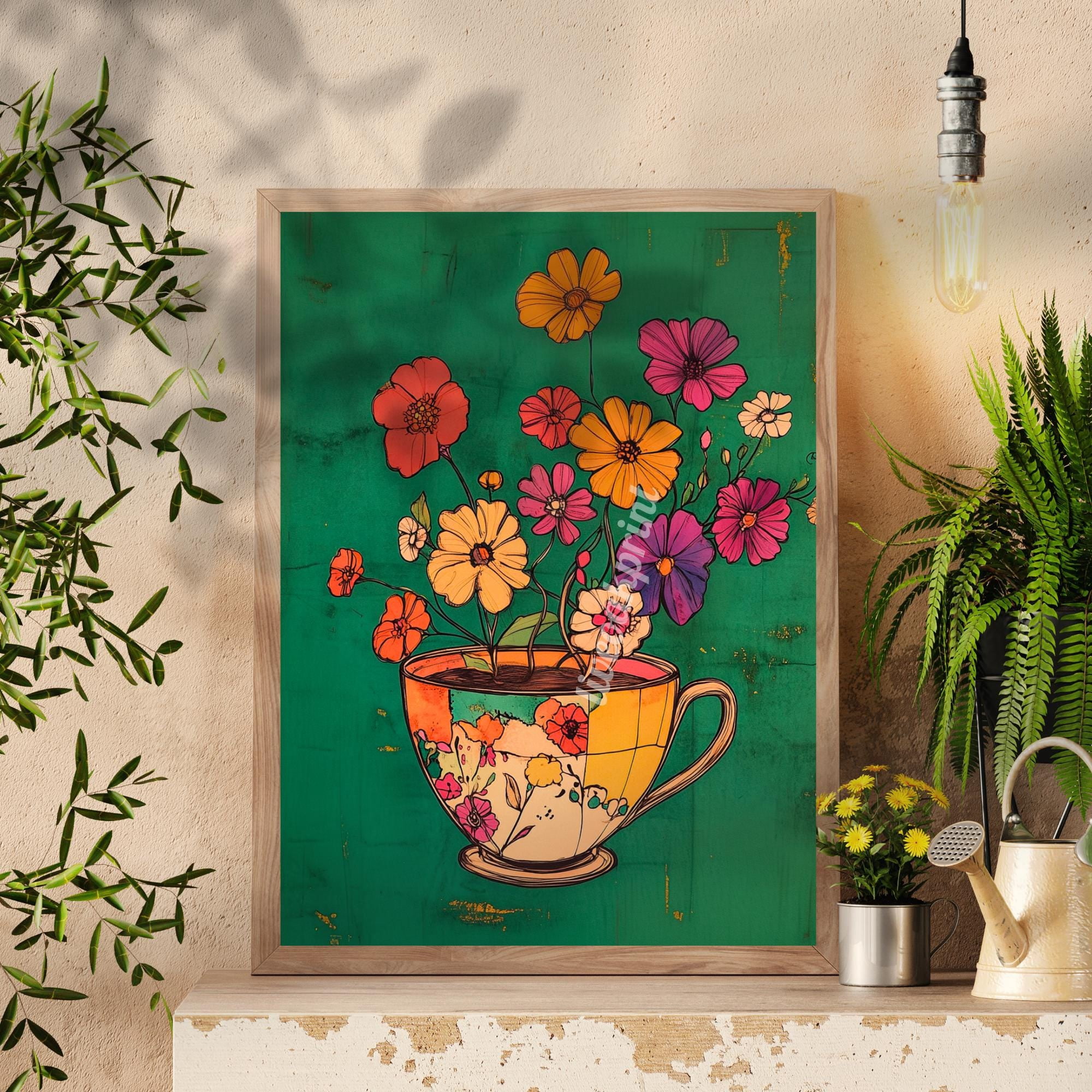 Emerald Green Coffee Cup And Flowers Print Tea Cup Wall Art Coffee Bar ...