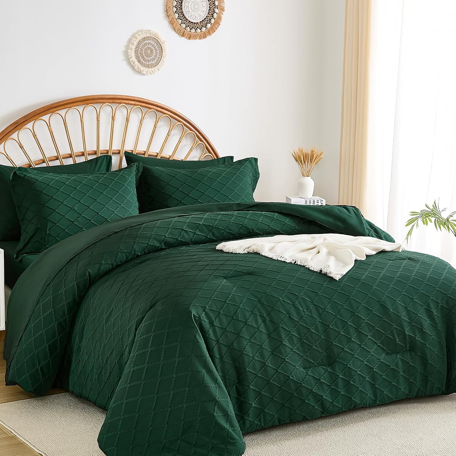 Emerald Green Comforter Set King Size, 7 Piece Jacquard Tufted Bed in a ...