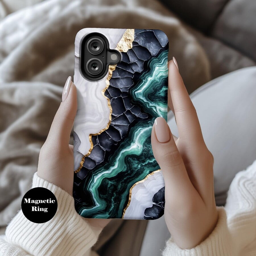 Emerald Green Cracked Stone Texture Agate Mag-Compatible Case 11 12 13 14 15 16 17 Pro Max ...