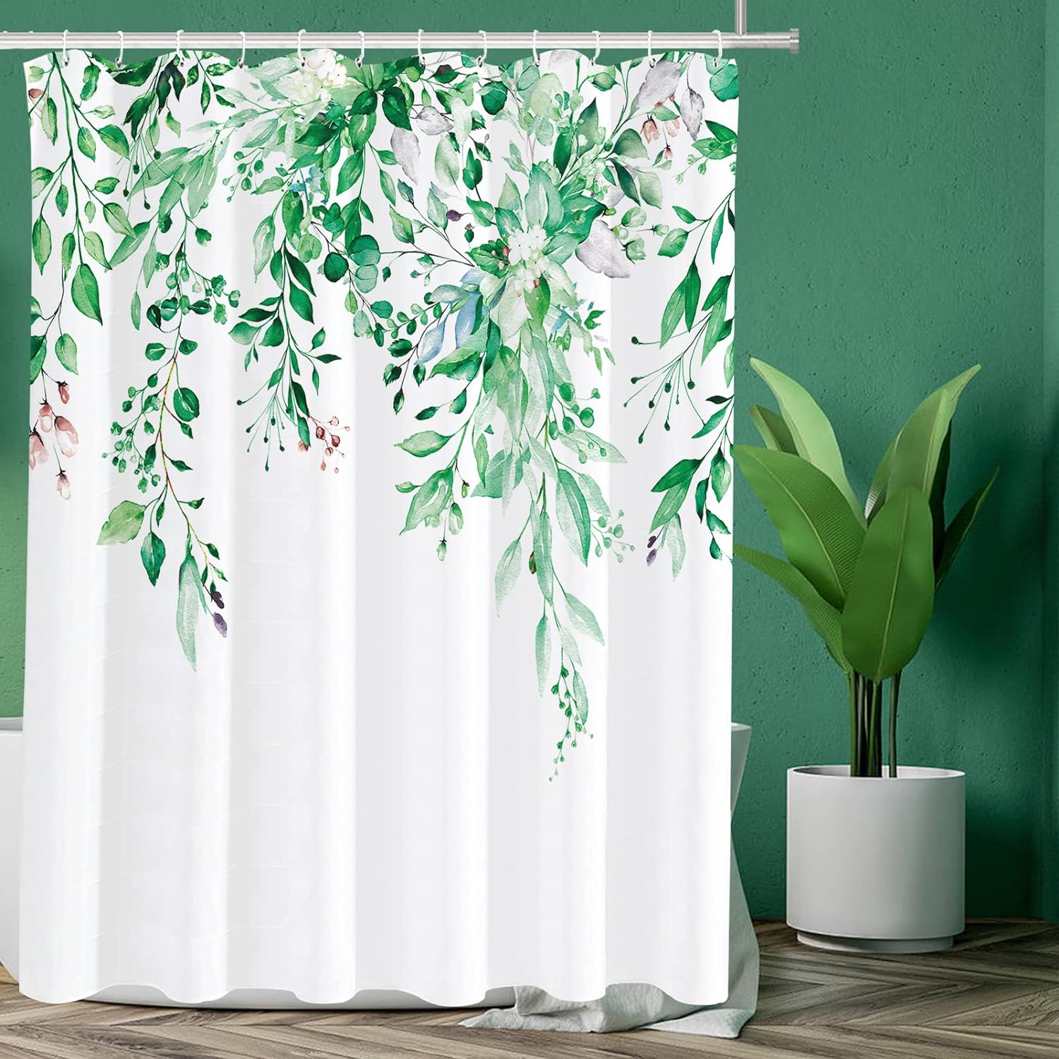Emerald Green Eucalyptus Shower Curtain Sets, Watercolor Leaves on The ...