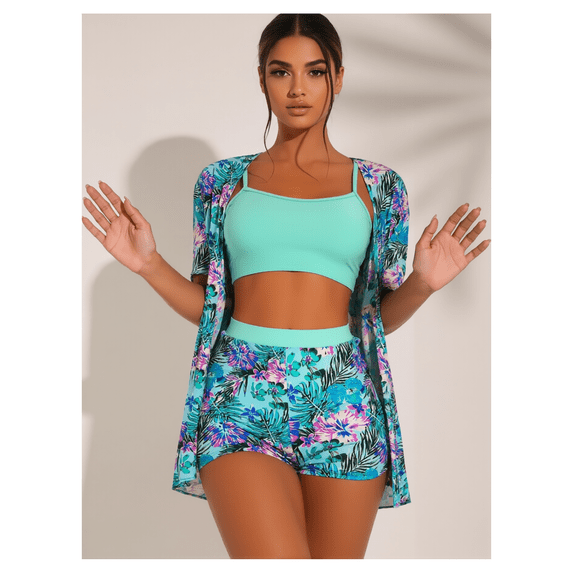 Emerald Green Floral Swimsuit Set - Women's Two Piece Bikini with Cover ...