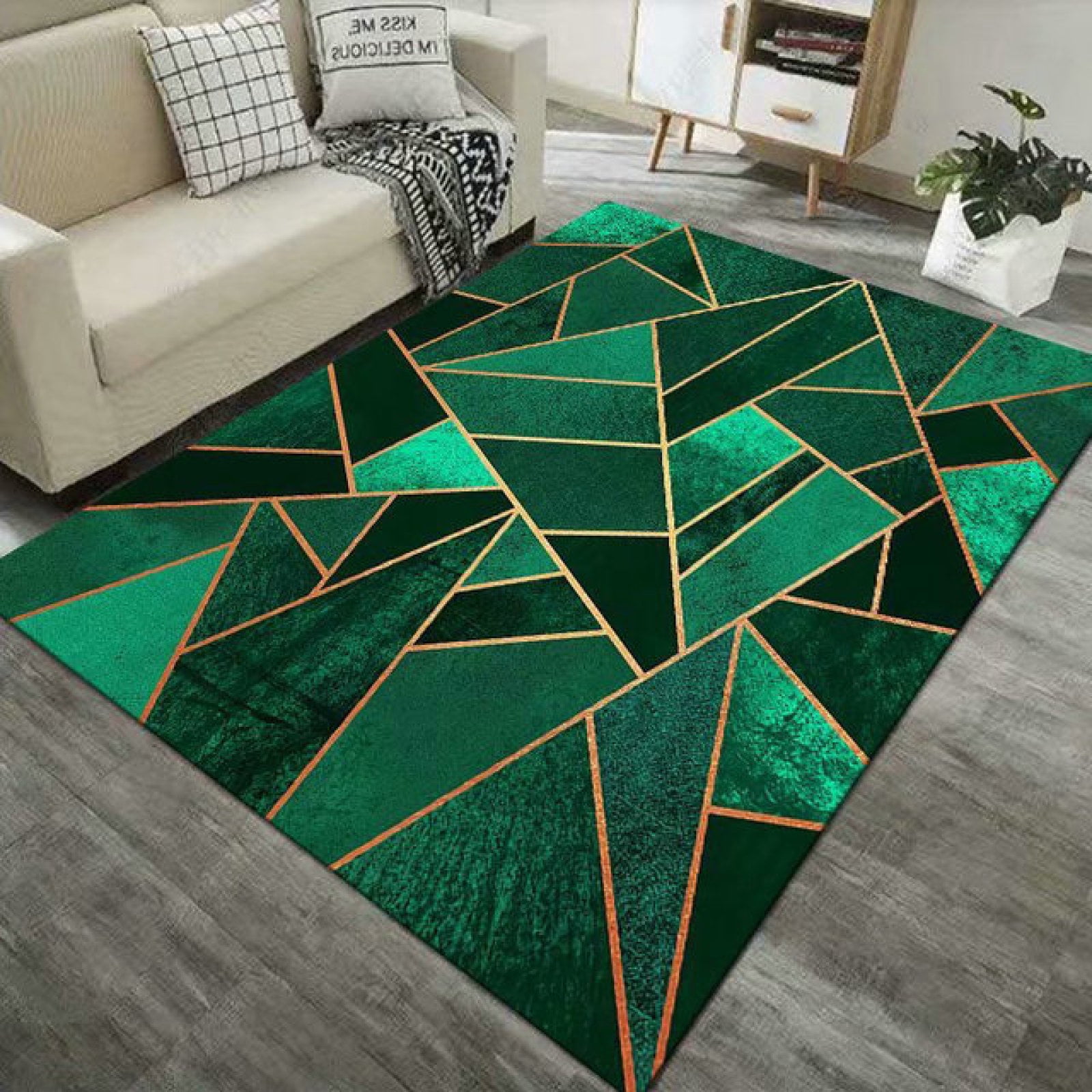 Emerald Green Geometric Marble Texture Area Rug, Luxury Golden Line ...