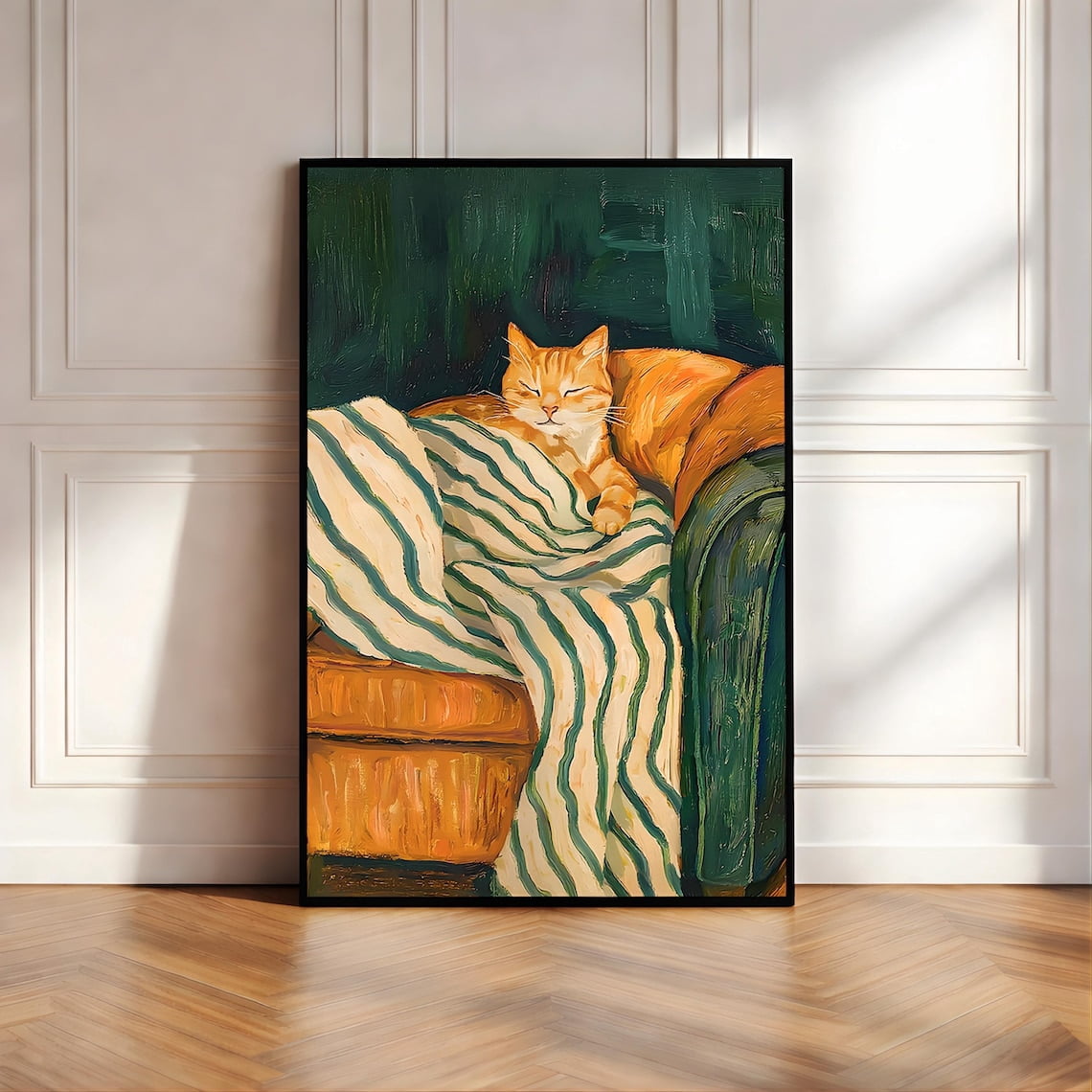 Emerald Green Ginger Cat Sleeping Orange Tabby Cozy Reading Nook Decor ...