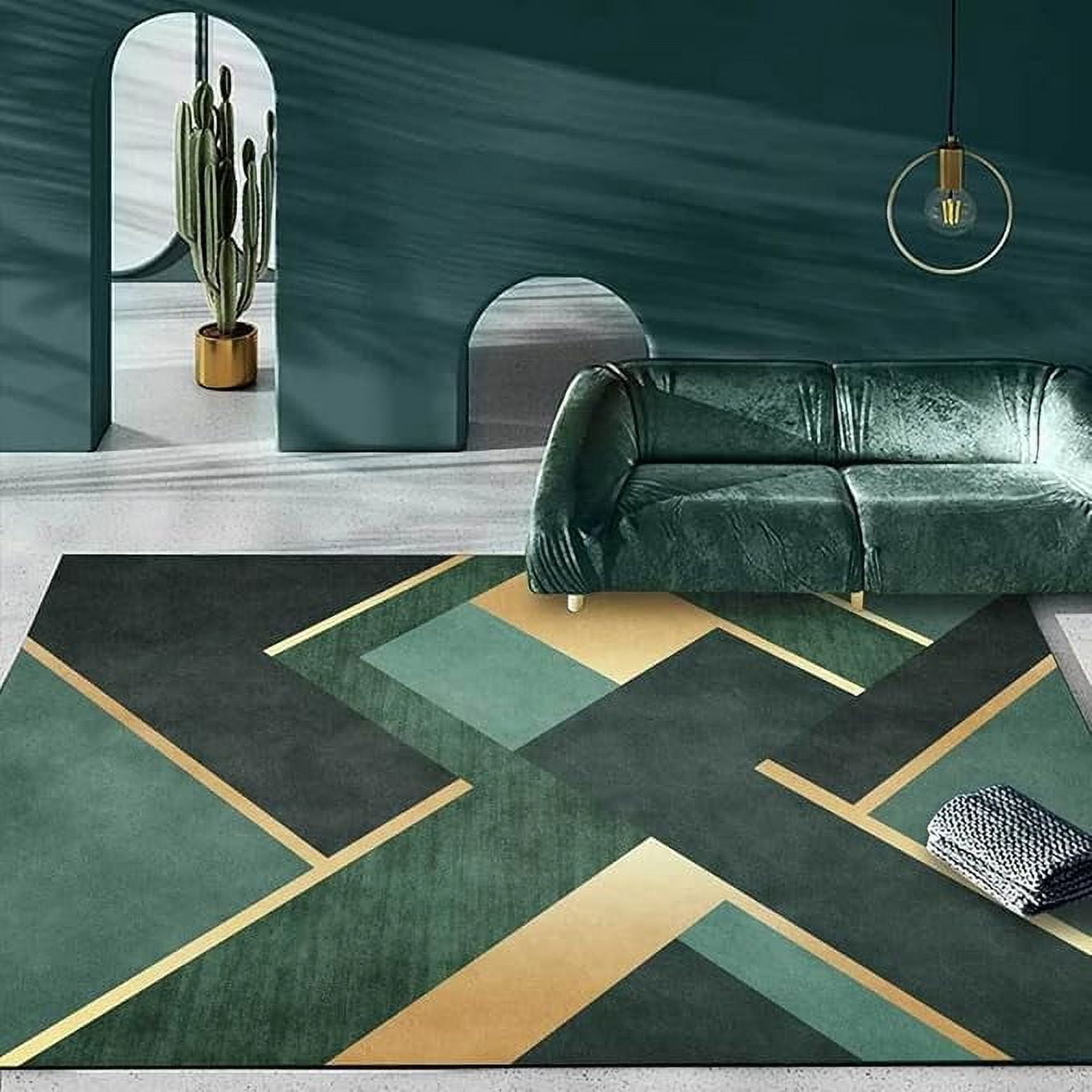 Emerald Green Gold Geometric Pattern Modern Area Rug Soft Thick Non ...
