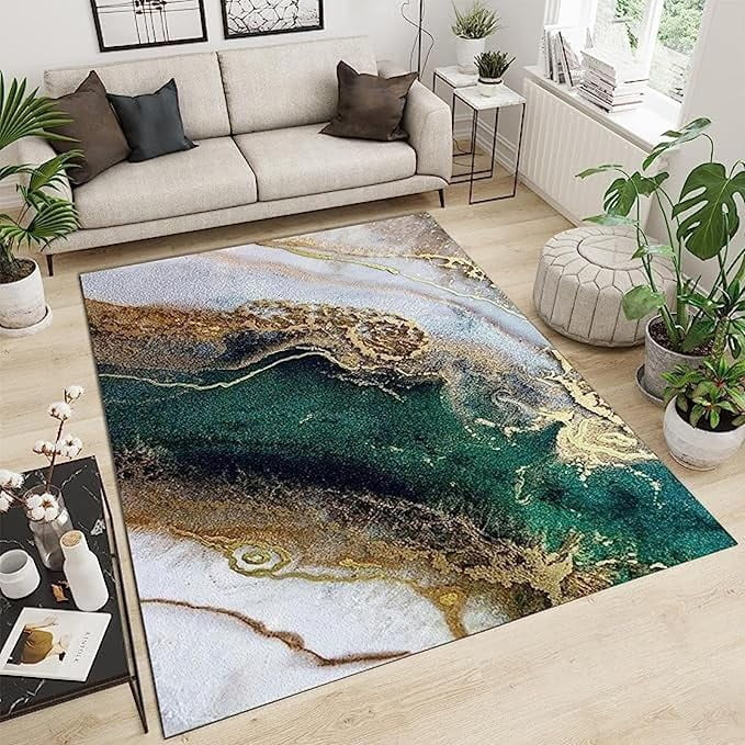 Emerald Green Gold Gradient Marble Area Rug, Modern Abstract Light ...