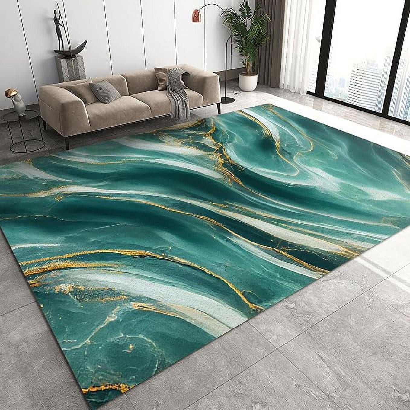 Emerald Green Gold Marble Area Rug For Living Room, Retro Abstract ...