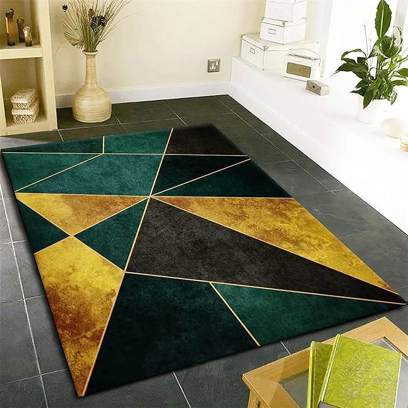 Emerald Green Gold Marble Area Rug, Luxury Black Green Gold Geometric ...