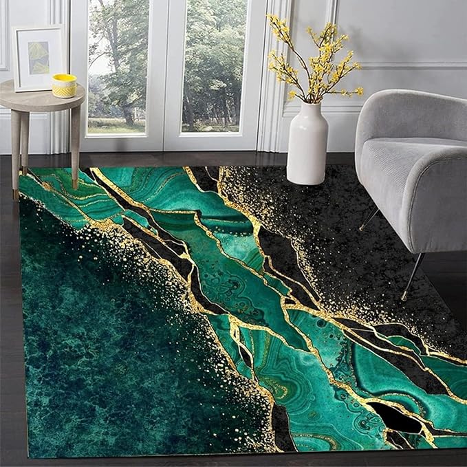 Emerald Green Gold Marble Area Rugs, Abstract Golden Black Lines Soft ...