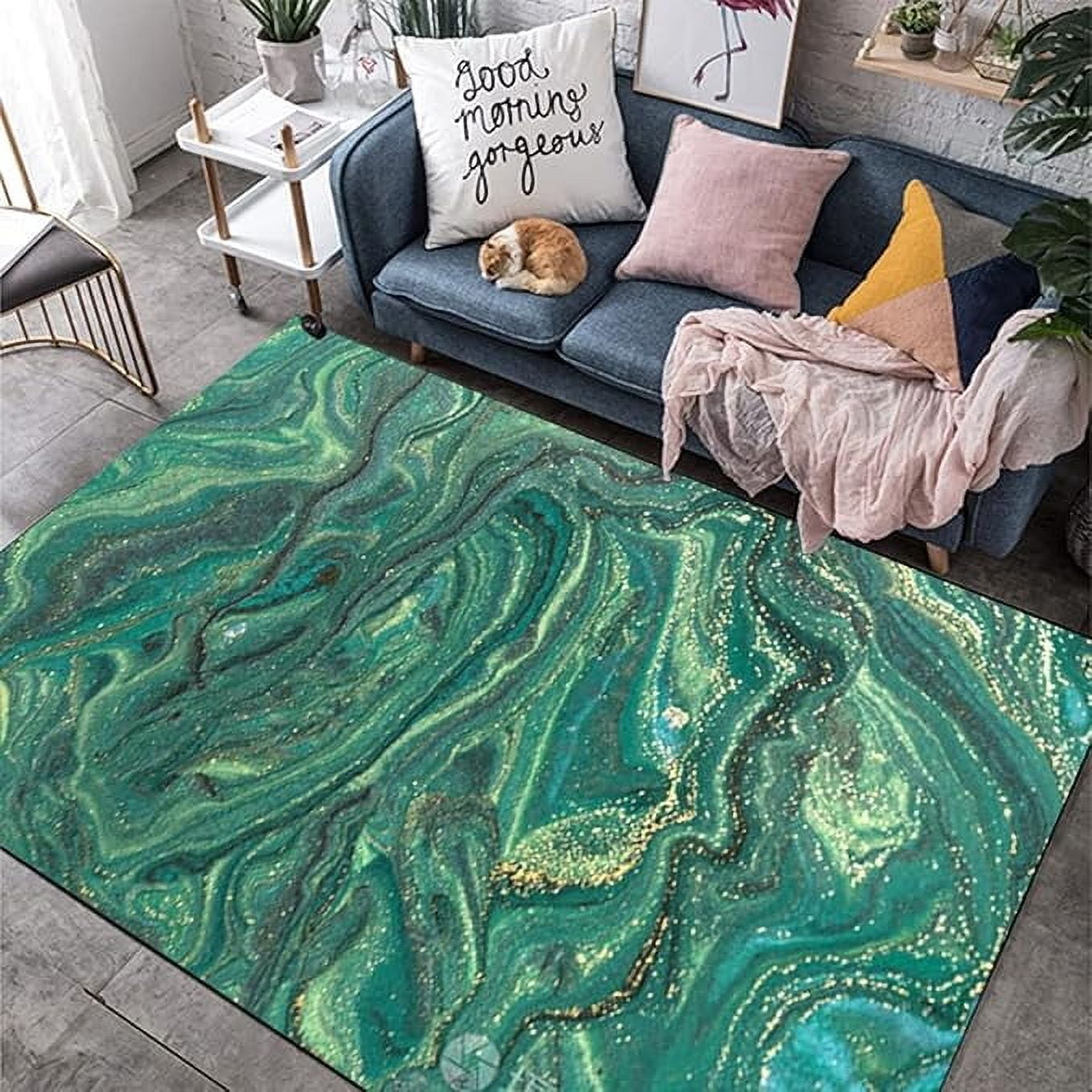 Emerald Green Gold Marble Swirl Liquid Style Area Rug Soft Washable ...
