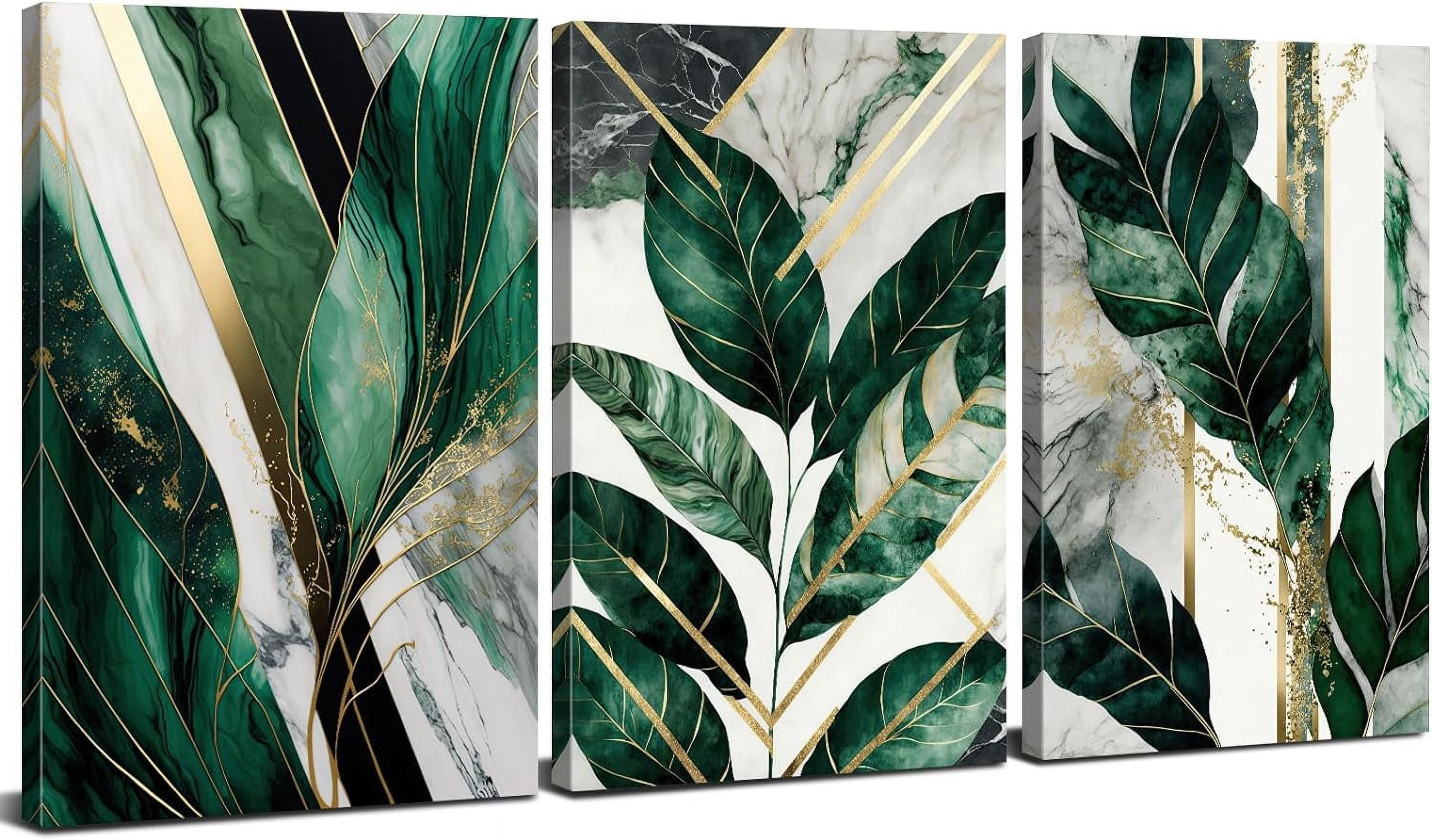 Emerald Green and Gold Plant Leaf Wall Art Boho Wall Decor for Living ...