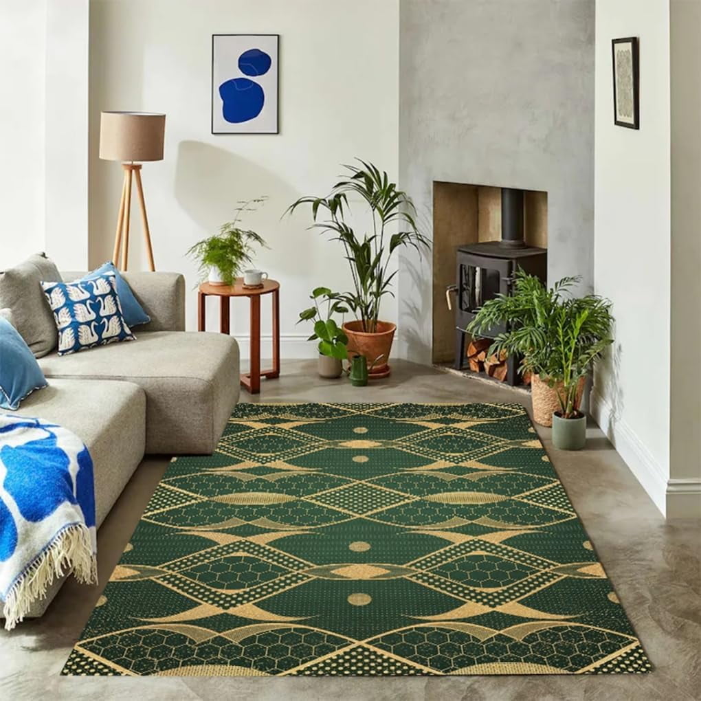 Emerald Green Gold Vintage Floral Neutral Area Rug Soft Washable ...