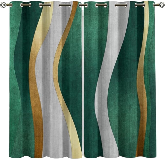 Emerald Green Gold Wave Pattern Curtains For Living Room, Luxury ...
