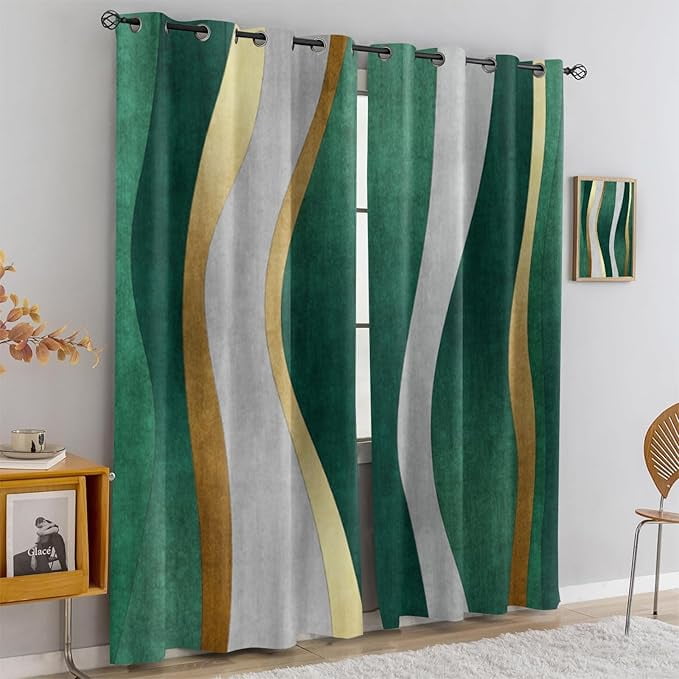 Emerald Green Gold Wave Pattern Curtains For Living Room, Luxury ...