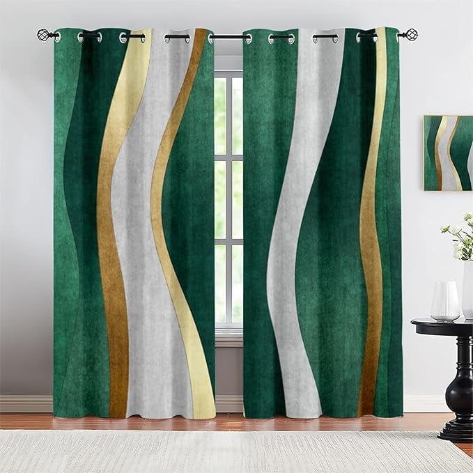 Emerald Green Gold Wave Pattern Curtains For Living Room, Luxury ...