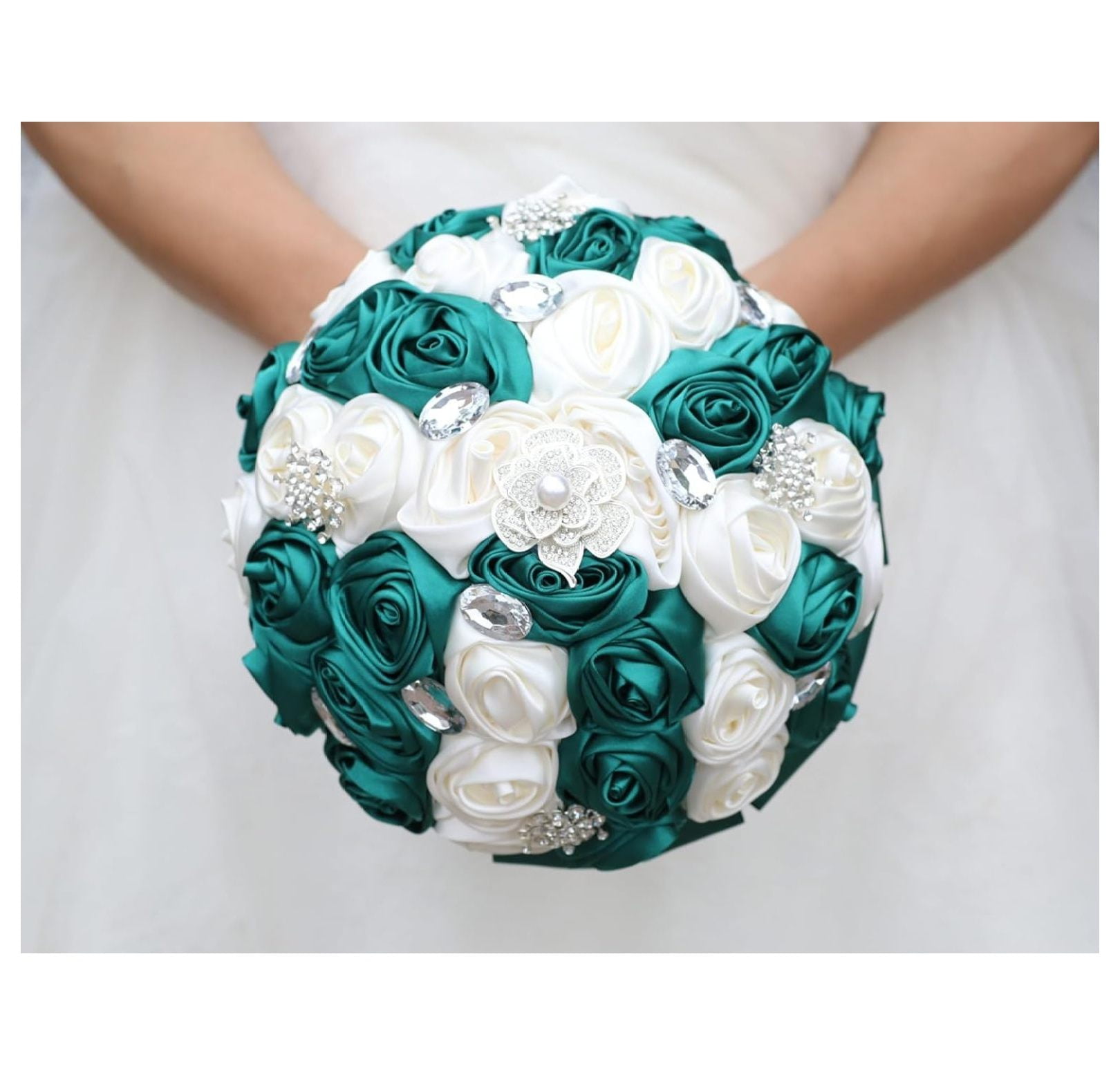 Emerald Green Ivory Bridal Wedding Bouquet with Silver Brooch Bling ...