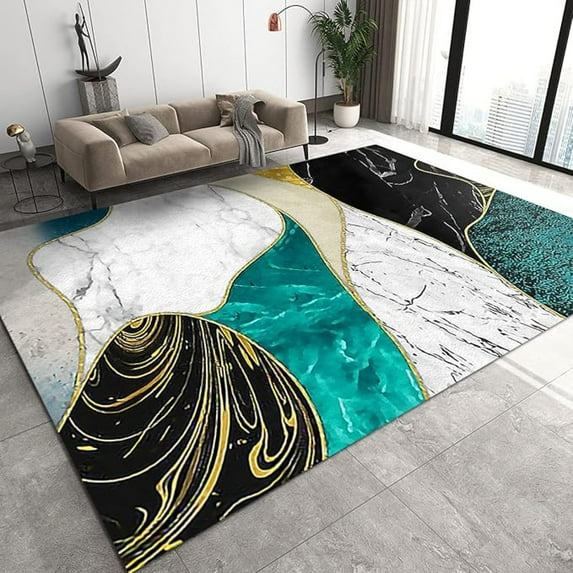 Emerald Green Marble Area Rugs, Black And White Turquoise Golden Curved ...