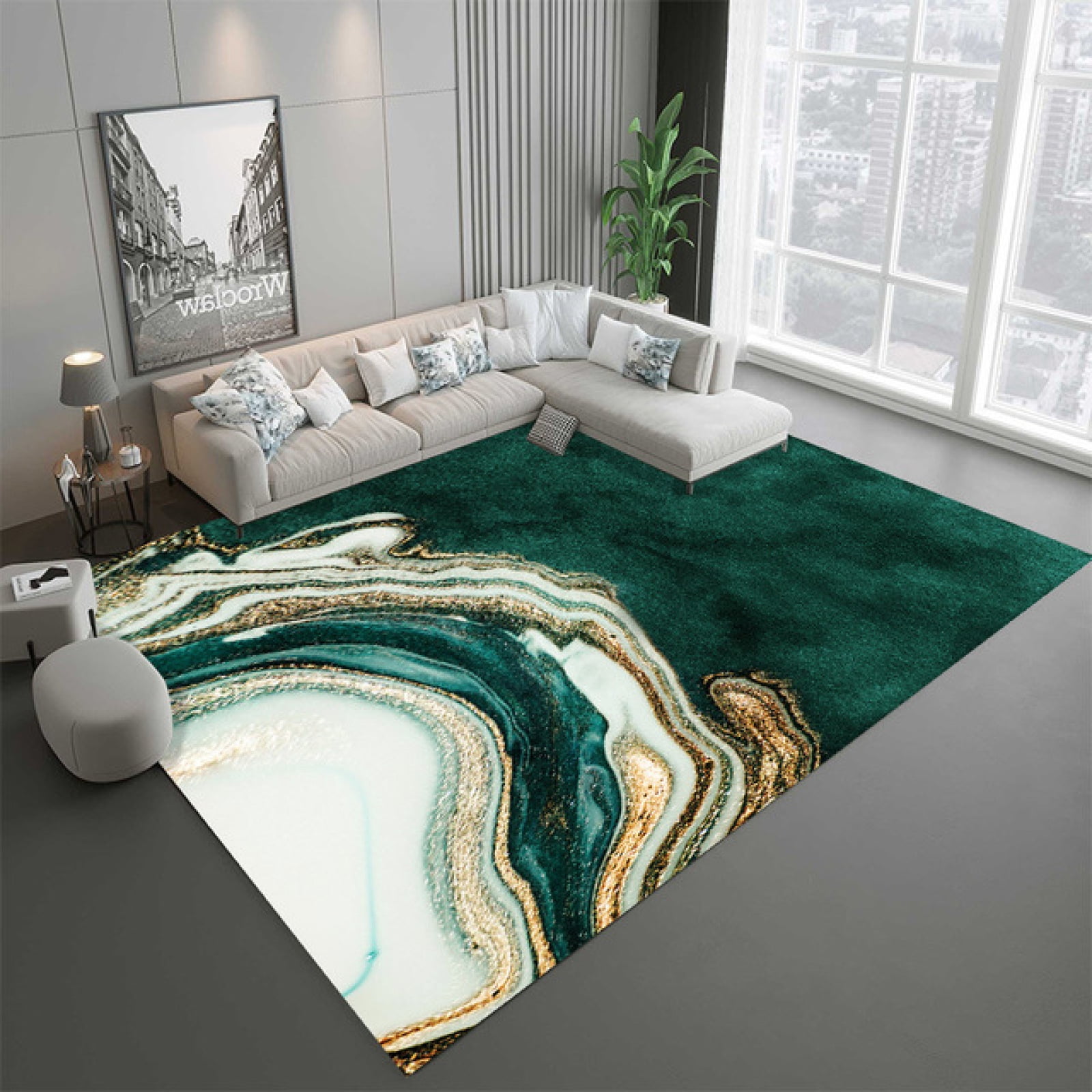 Emerald Green Marble Area Rug, Non-Slip, Washable, Ideal for Home ...