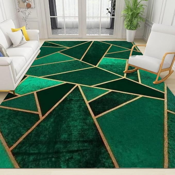 Emerald Green Marble Area Rugs, Golden Geometric Luxury Indoor Non-Slip ...