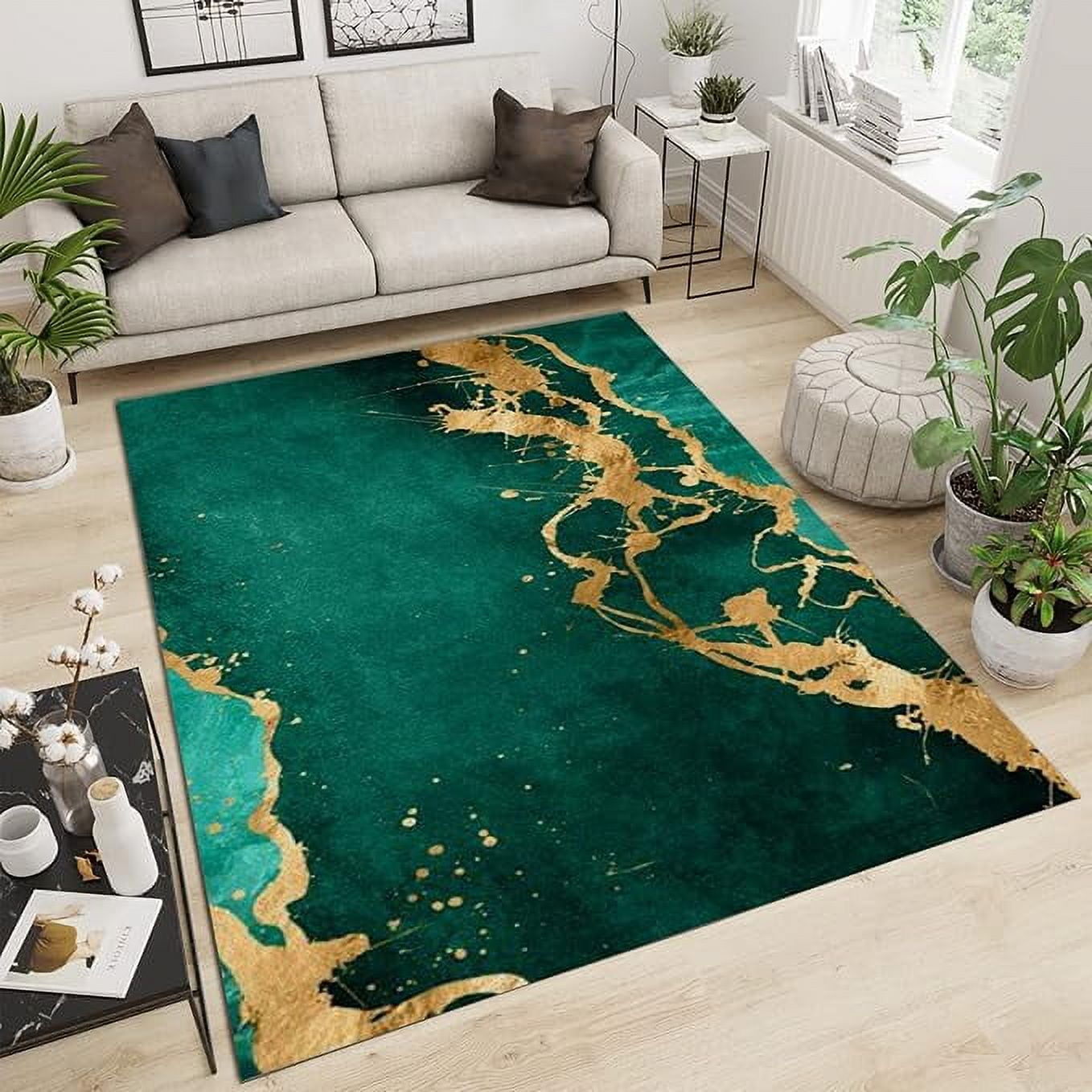 Emerald Green Marble Area Rugs, Luxurious Golden Oil Painting Doodle 3D ...