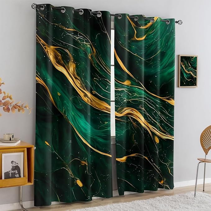 Emerald Green Marble Grommet Window Treatments, Luxury Flowing Gilded ...