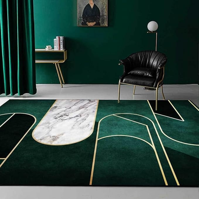 Emerald Green Marble Pattern Area Rug Gold Striped Modern Abstract ...