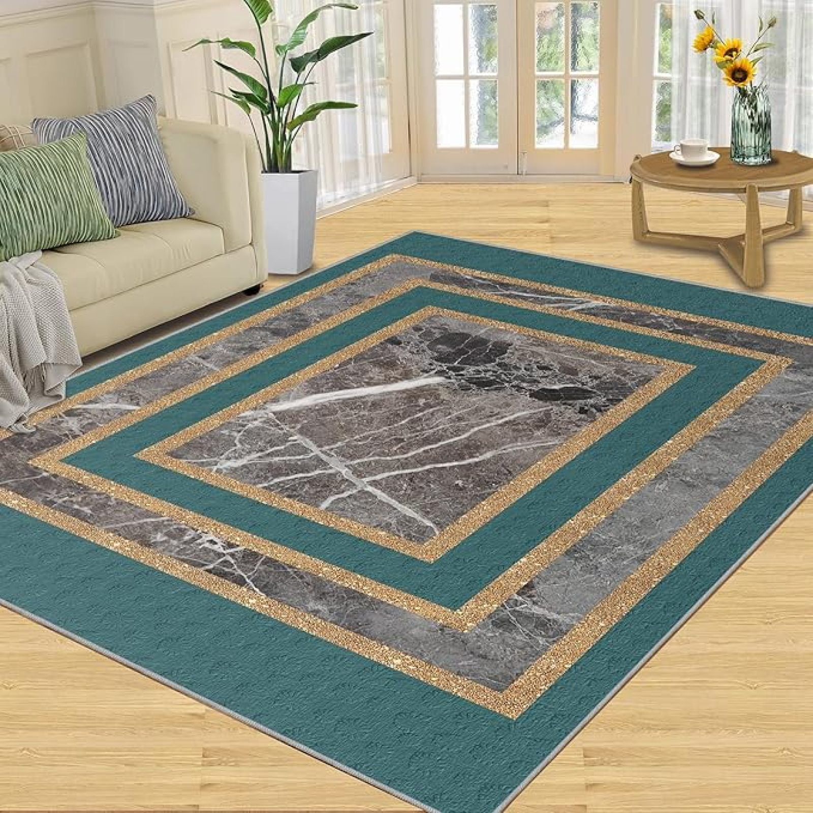 Emerald Green Marble Rug Luxury Teal Marble Area Rug Gilded Geometric ...