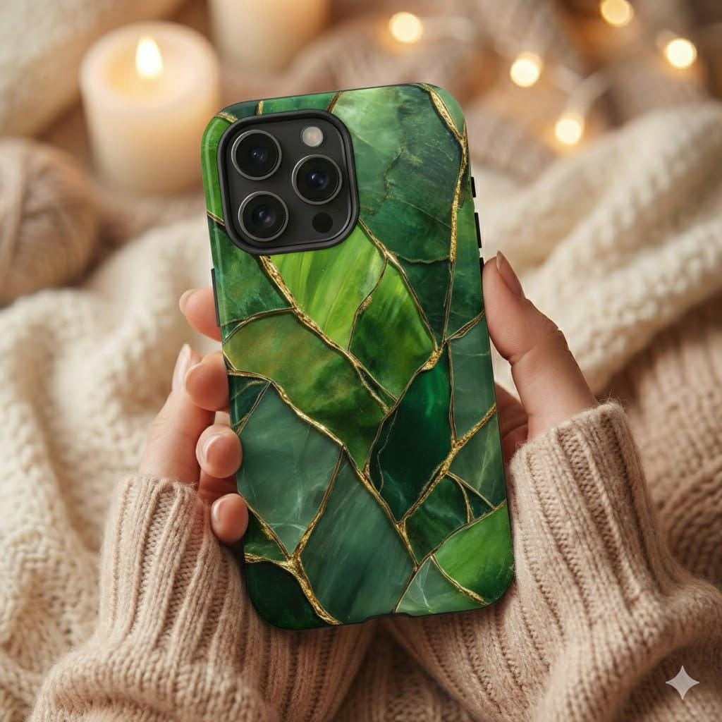 Emerald Green Marble Stone Case - Luxury Botanical Gemstone Art ...