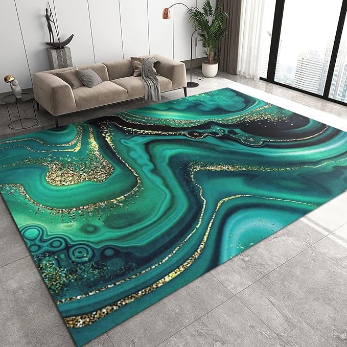 Emerald Green Marble Texture Area Rug, Light Luxury Geometric Swirl ...