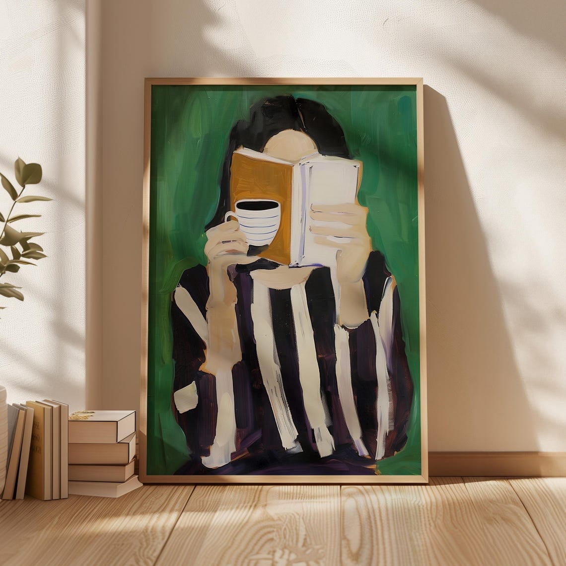 Emerald Green Modern Reading Woman Art, Book & Coffee Green ...