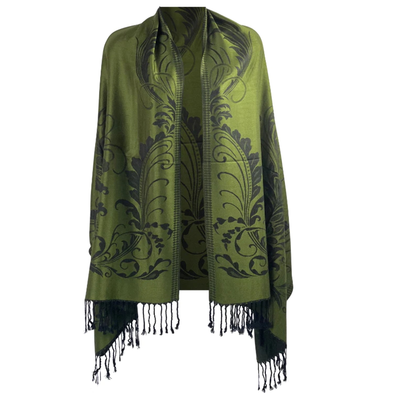 Emerald Green Pashmina Shawl with Dark Green Floral Detailing ...
