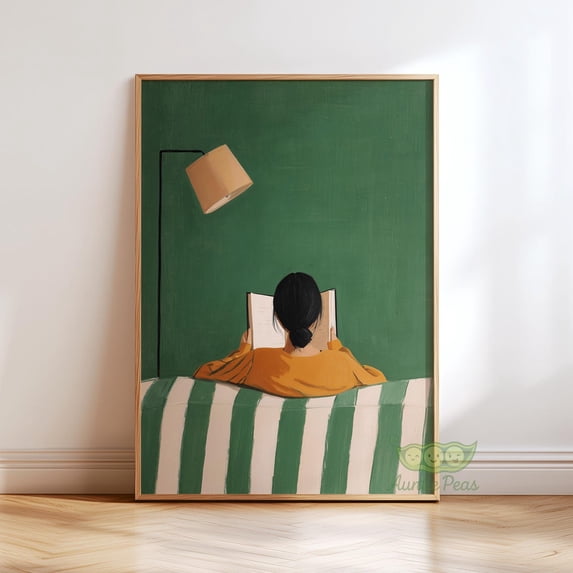 Emerald Green Reading Woman Art Cozy Book Lover Modern Minimal Wall ...