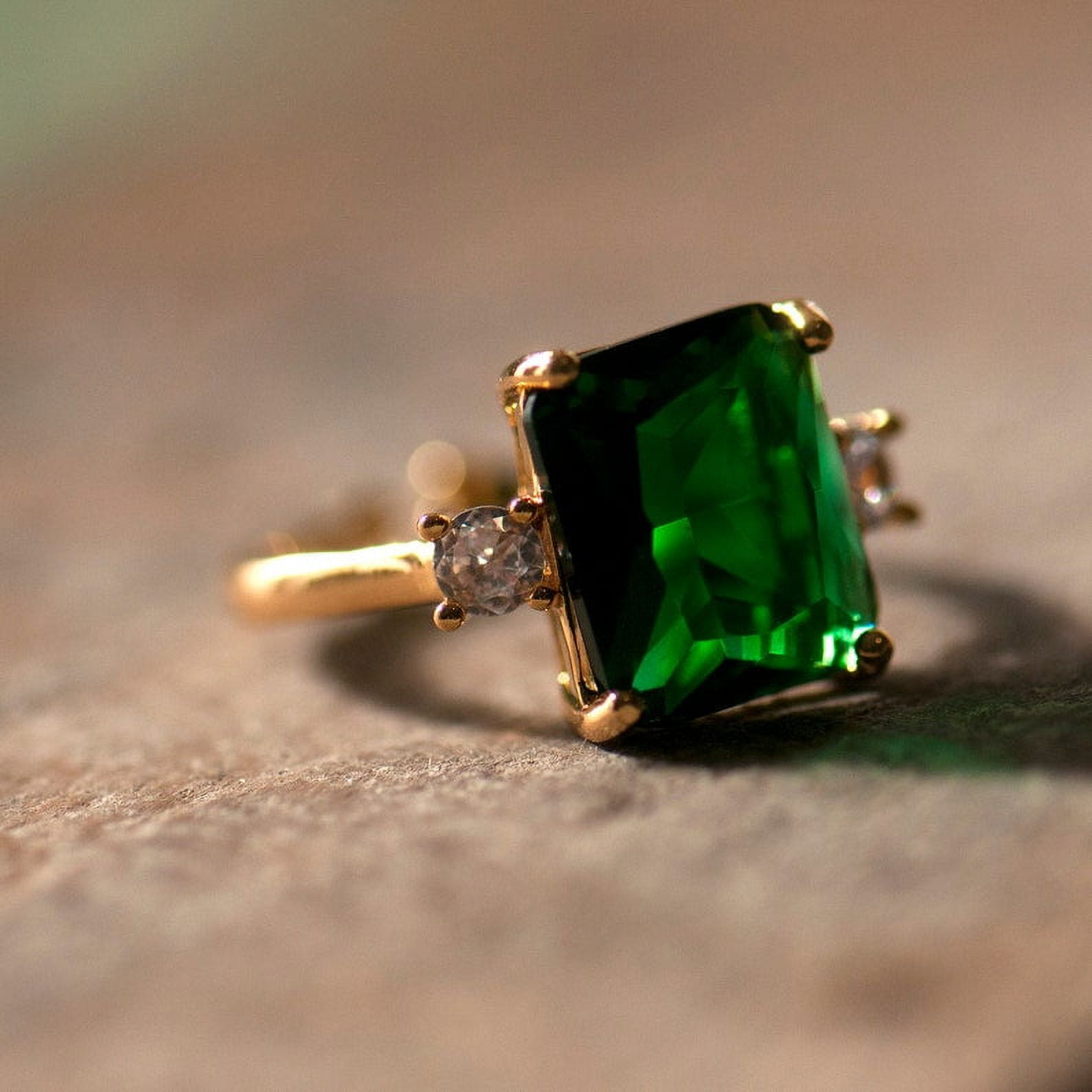 Emerald Green Rectangle Stone Ring, Goldplated Emerald Ring, Diamante ...
