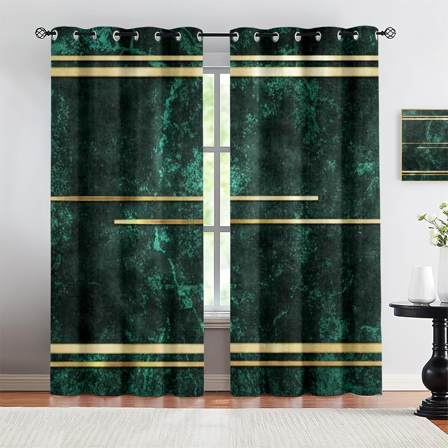 Emerald Green Retro Medieval Curtains For Bedroom, Simple Golden Geometric Lines Darkening ...