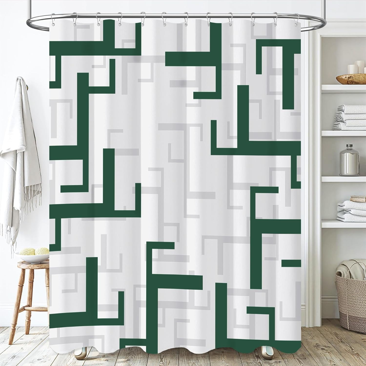 Emerald Green Shower Curtain - Geometric Fabric Shower Curtain Set with ...
