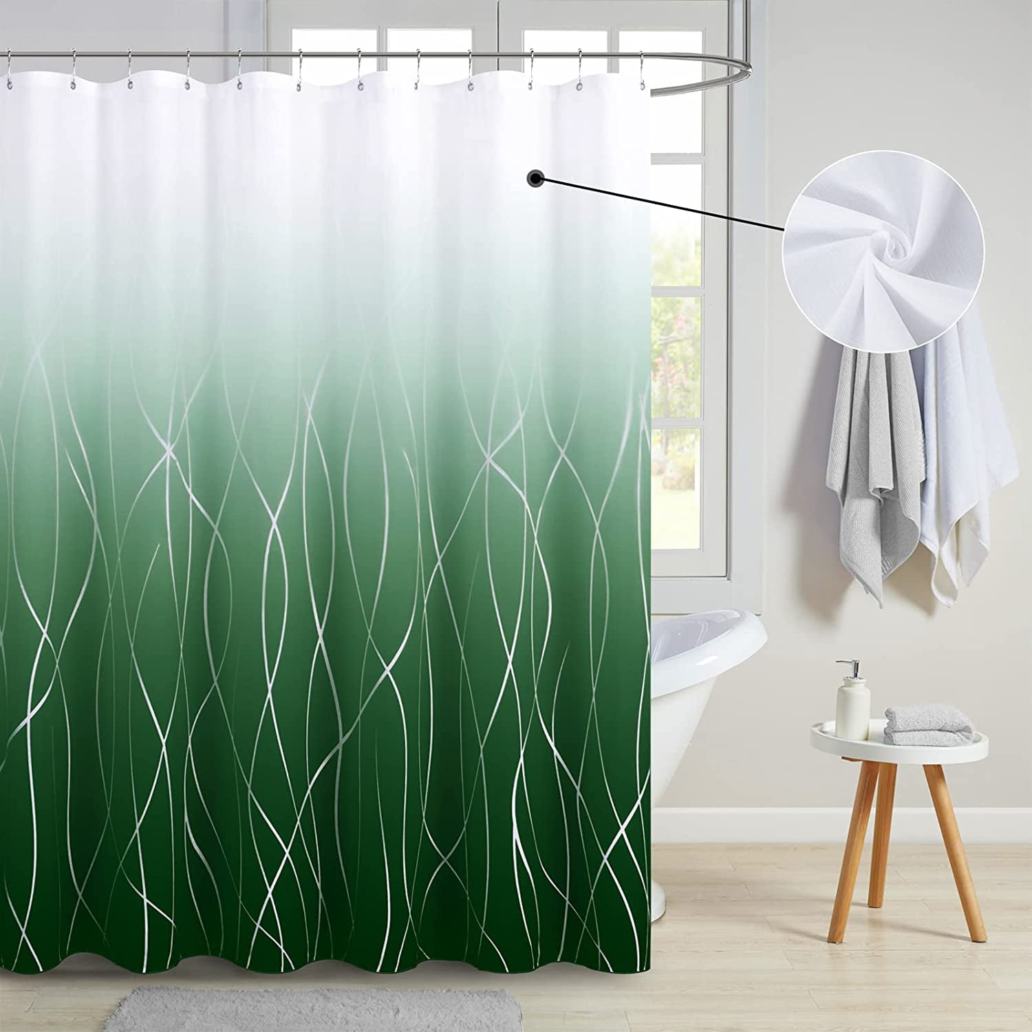 Emerald Green Shower Curtain Linen Textured Fabric Shower Curtain Set ...