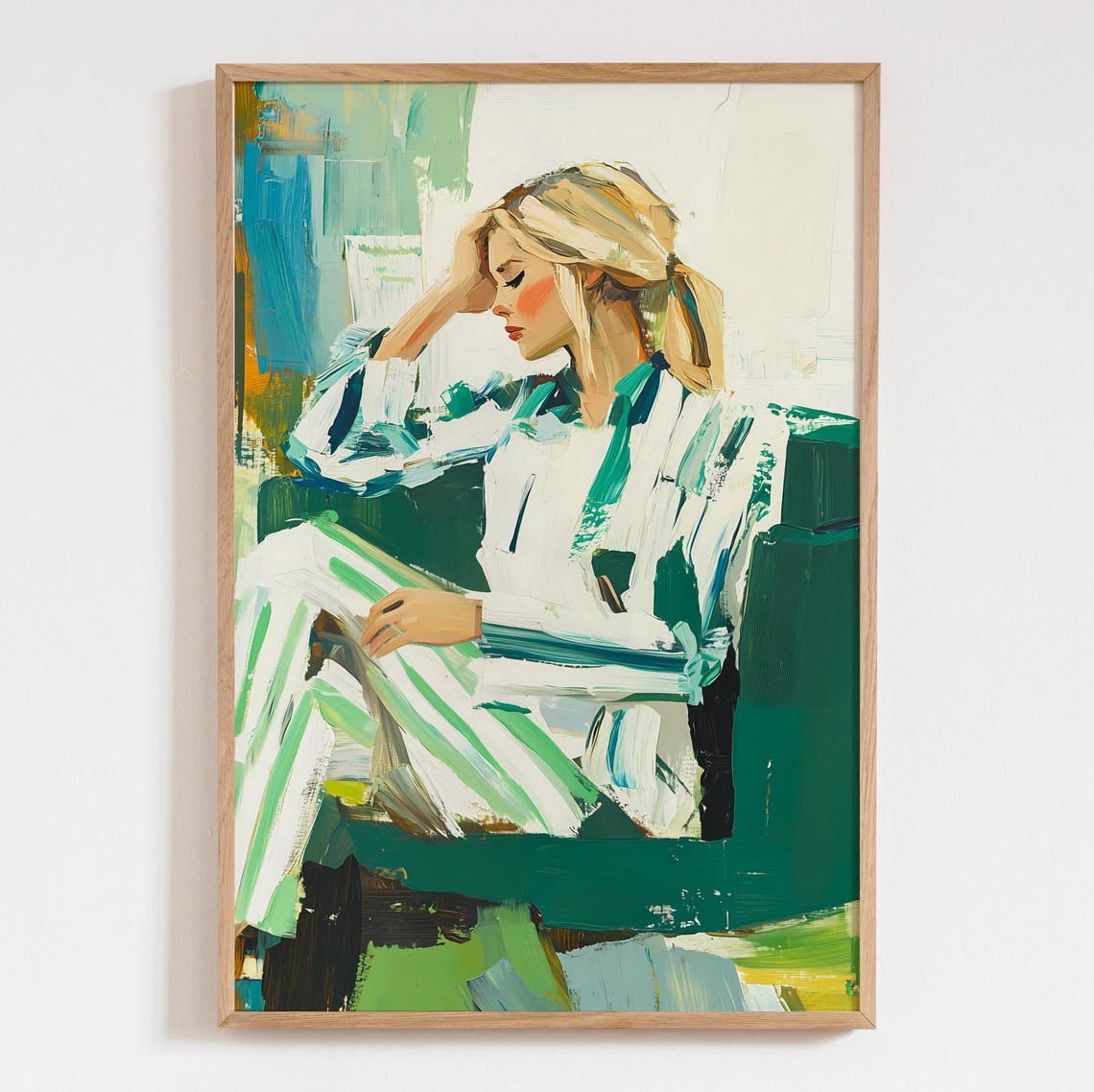 Emerald Green Stripe Woman Art Elegant Blonde Girl Acrylic Wall Vibrant ...