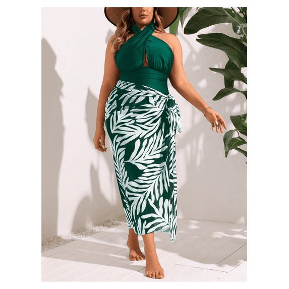Emerald Green Swimsuit for Women with Zebra Print Cover Up; Halter ...
