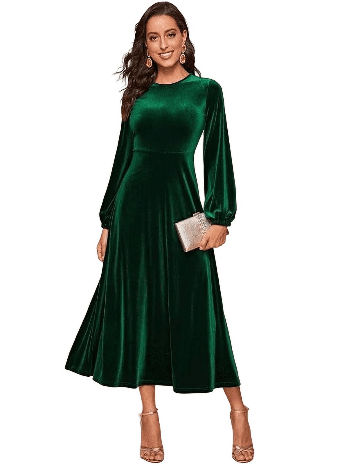 Emerald Green Velvet Midi Dress Long Sleeve Wedding Evening Formal ...