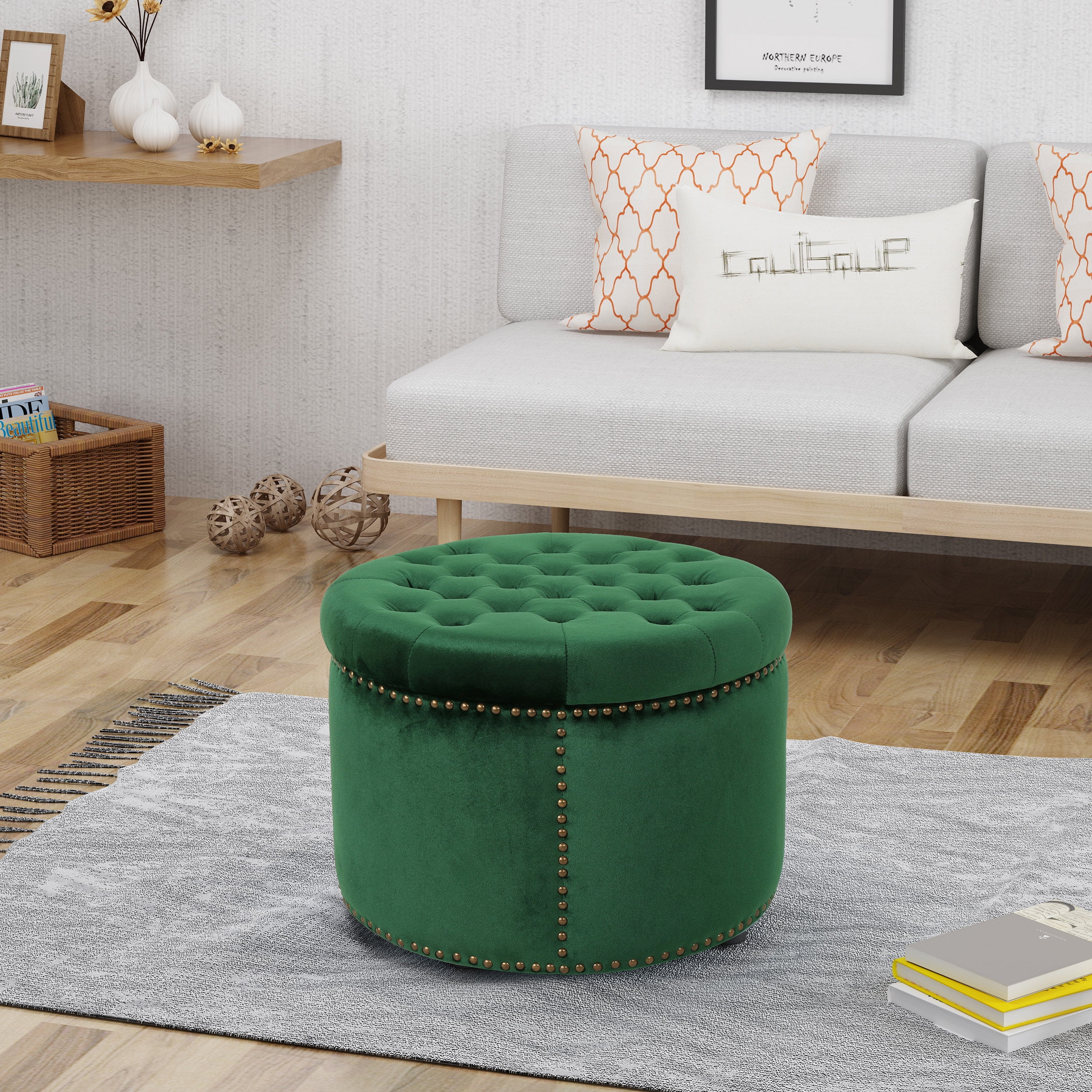 Emerald Green Velvet Tufted Ottoman Foot Stool for Living Room, 22 Inch ...