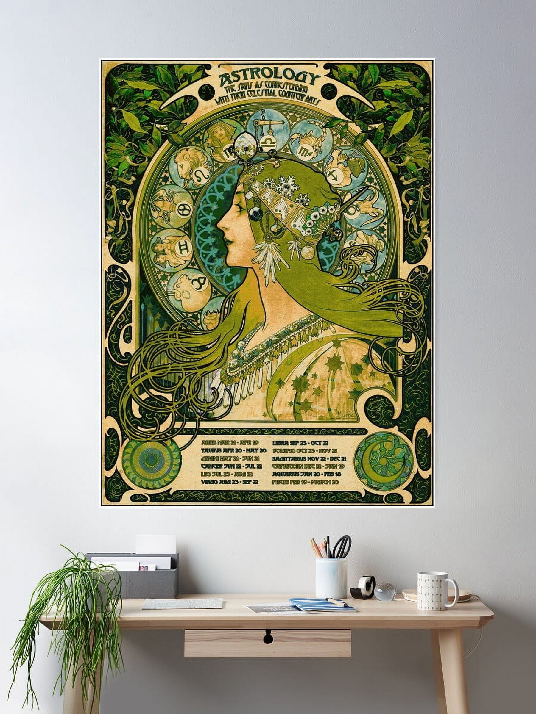 Emerald Green Vintage Astrology Poster | Alphonse Mucha Poster Wall Art ...